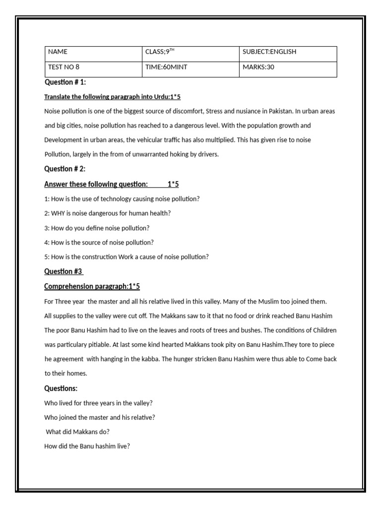CLASS 9TH ENGLISH TEST NO 8 2025 10-01-2025 | PDF