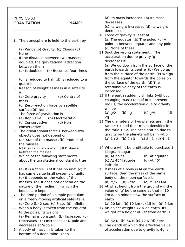 Physics Xi Gravitation 2019 | PDF | Mass | Gravity