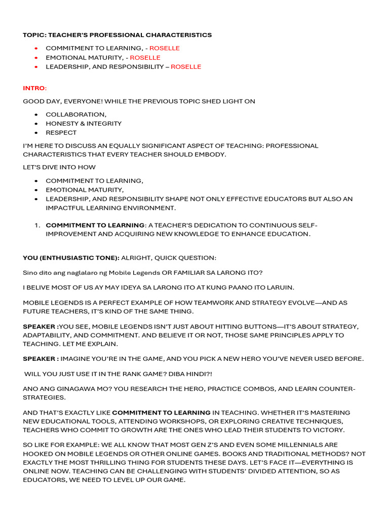 Topic Teacher's Professional Characteristics - Roselle | PDF | Learning ...