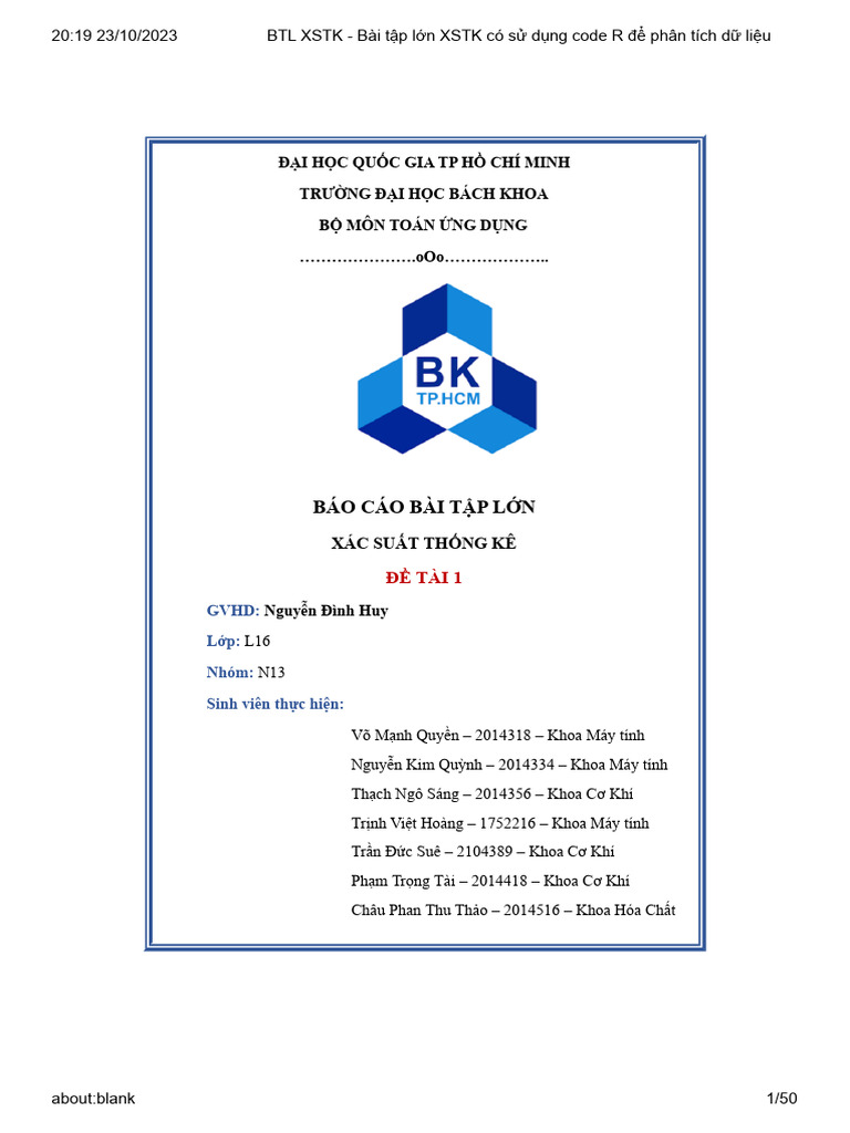 BTL XSTK Bài tập lớn XSTK có sử dụng code R để phân tích dữ liệu | PDF