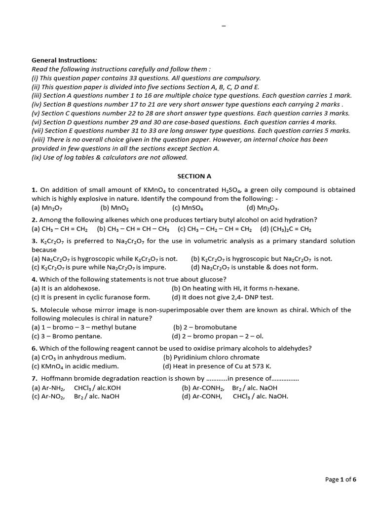 Chemistry (043) Sample Paper - 2 | PDF | Amine | Chemical Reactions