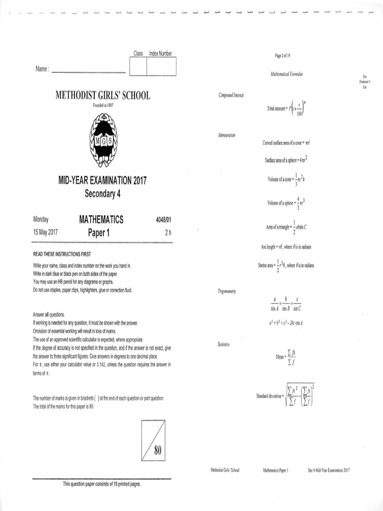 Sec 4 E Math SA1 2017 Methodist Girls | PDF