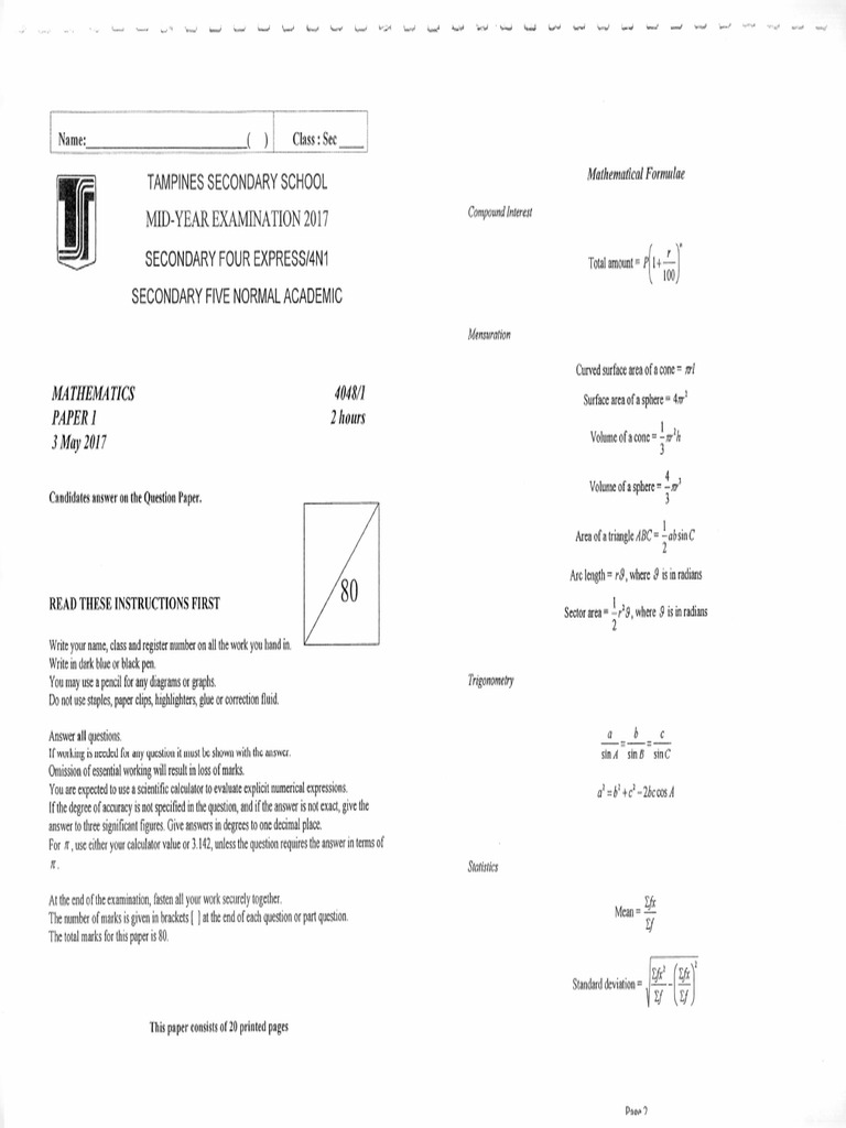Sec 4 E Math SA1 2017 Tampines | PDF