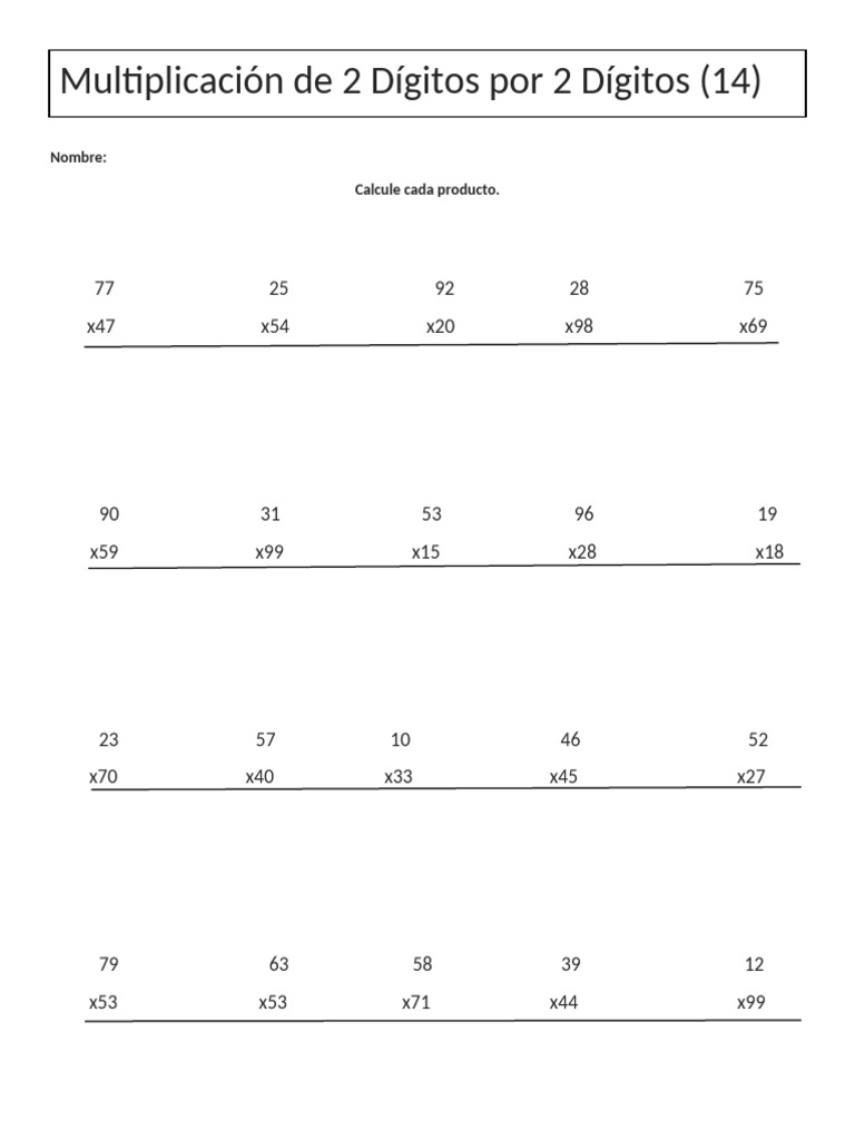 Ejercicios de Multiplicaciones 2x2 | PDF