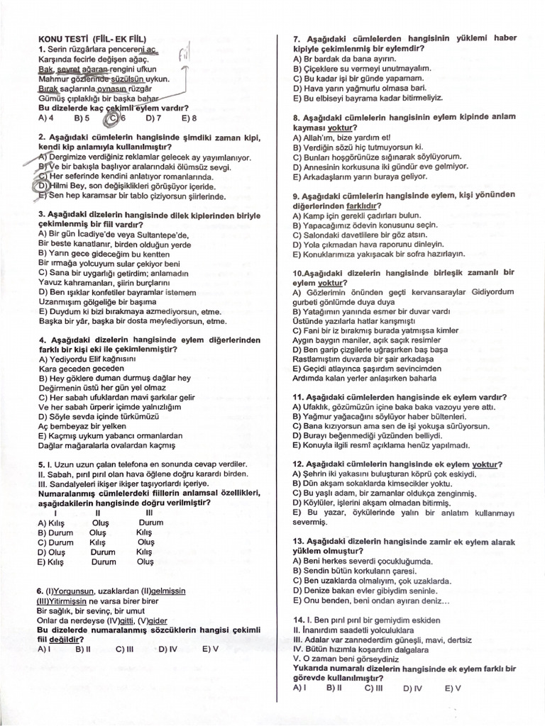 Fiil-Ek Fiil Test | PDF