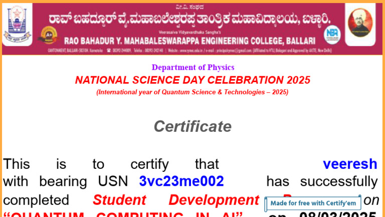 Certificate For Veeresh For - QUANTUM COMPUTING IN AI | PDF