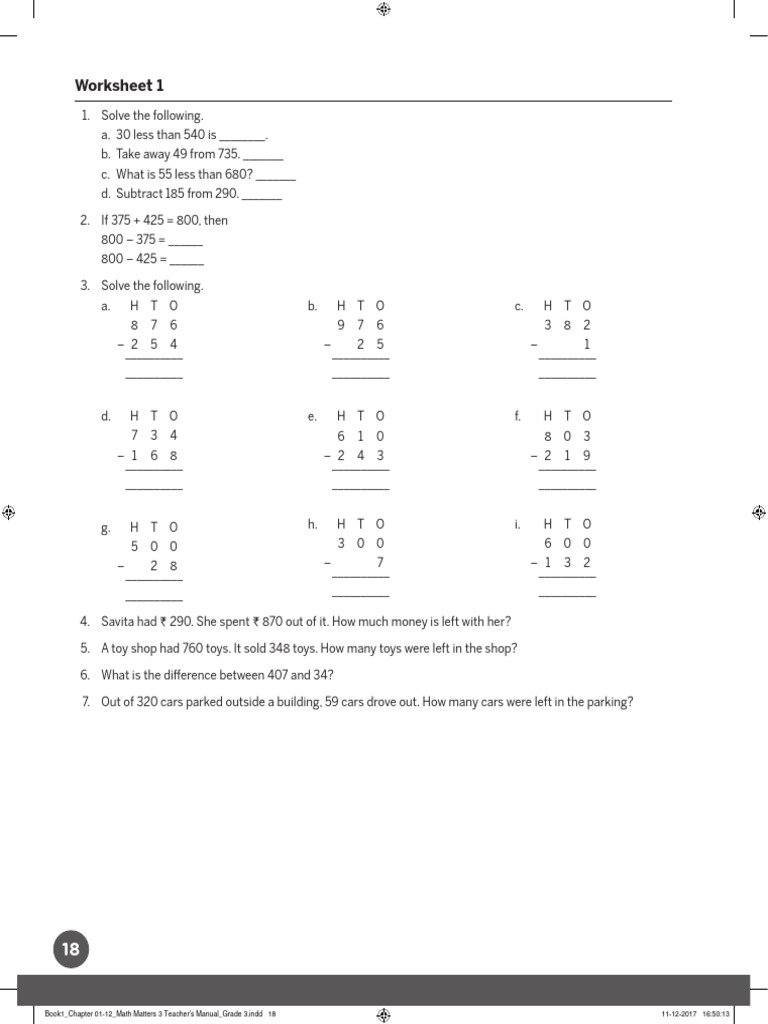 Class 3 Maths Subtraction Worksheet | PDF