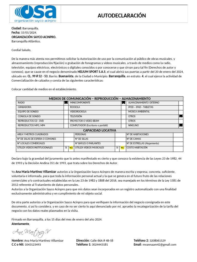 Certificado Sayco y Acinpro Helium Sport | PDF | Informática