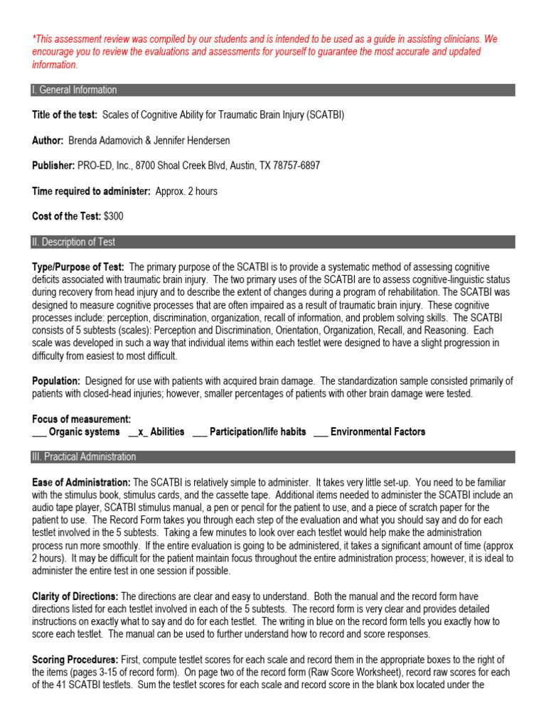 SCATBI Assessment Guide for Clinicians | PDF | Traumatic Brain Injury ...