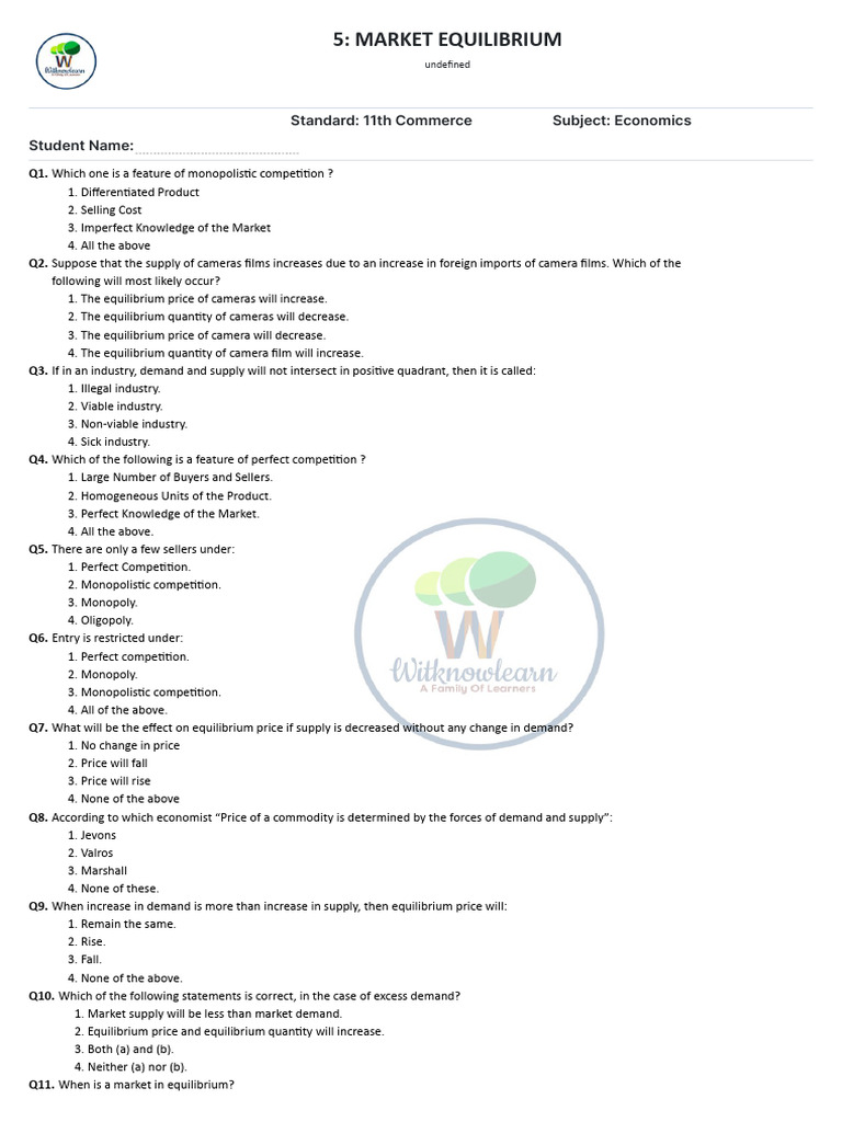 Economics Quiz: Market Structures & Equilibrium | PDF | Supply And ...