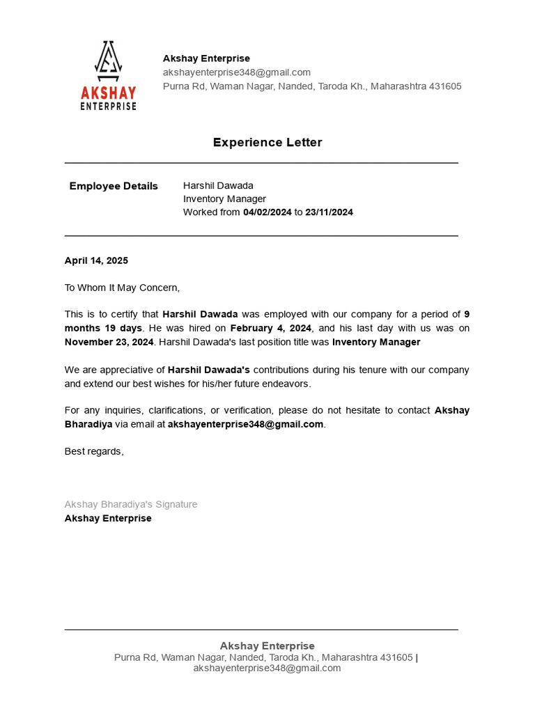 Experience Letter: Employee Details | PDF