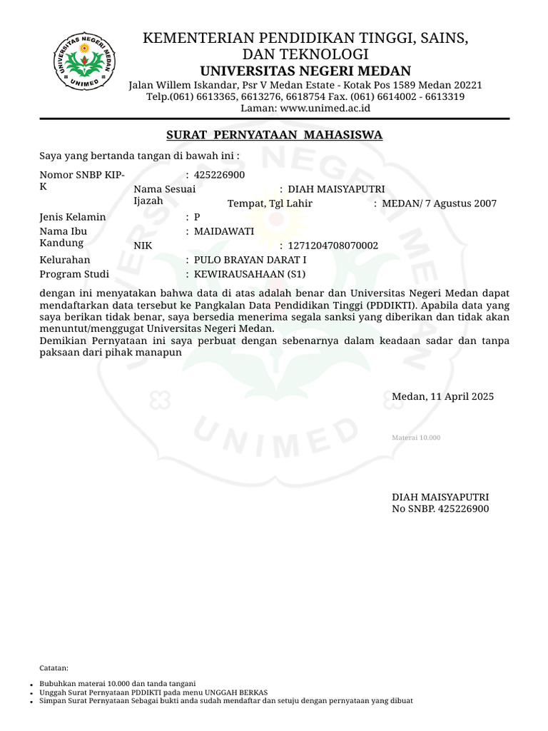 Surat Pernyataan PDDIKTI | PDF