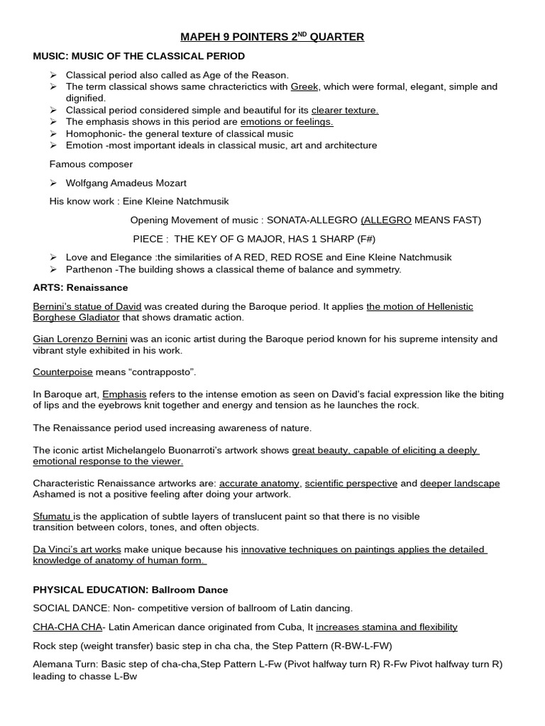 MAPEH9-POINTERS-REVIEWER-2ND-QUARTER-2024-2025 | PDF | Classical Period (Music) | Baroque