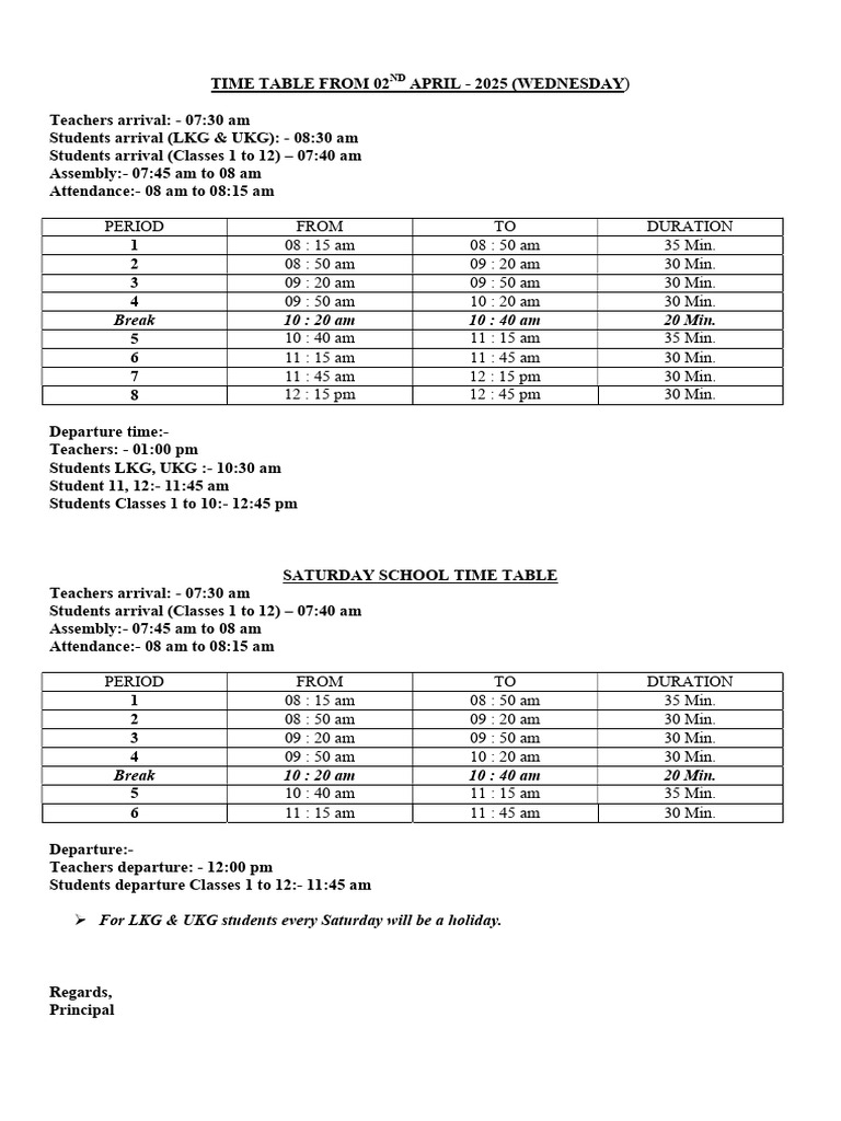 Time Table From 02nd April - 2025 (Wednesday) | PDF