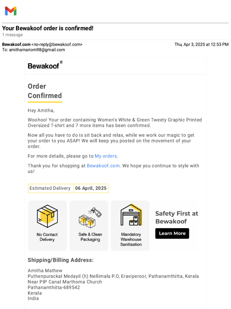 Gmail - Your Bewakoof order is confirmed! | PDF