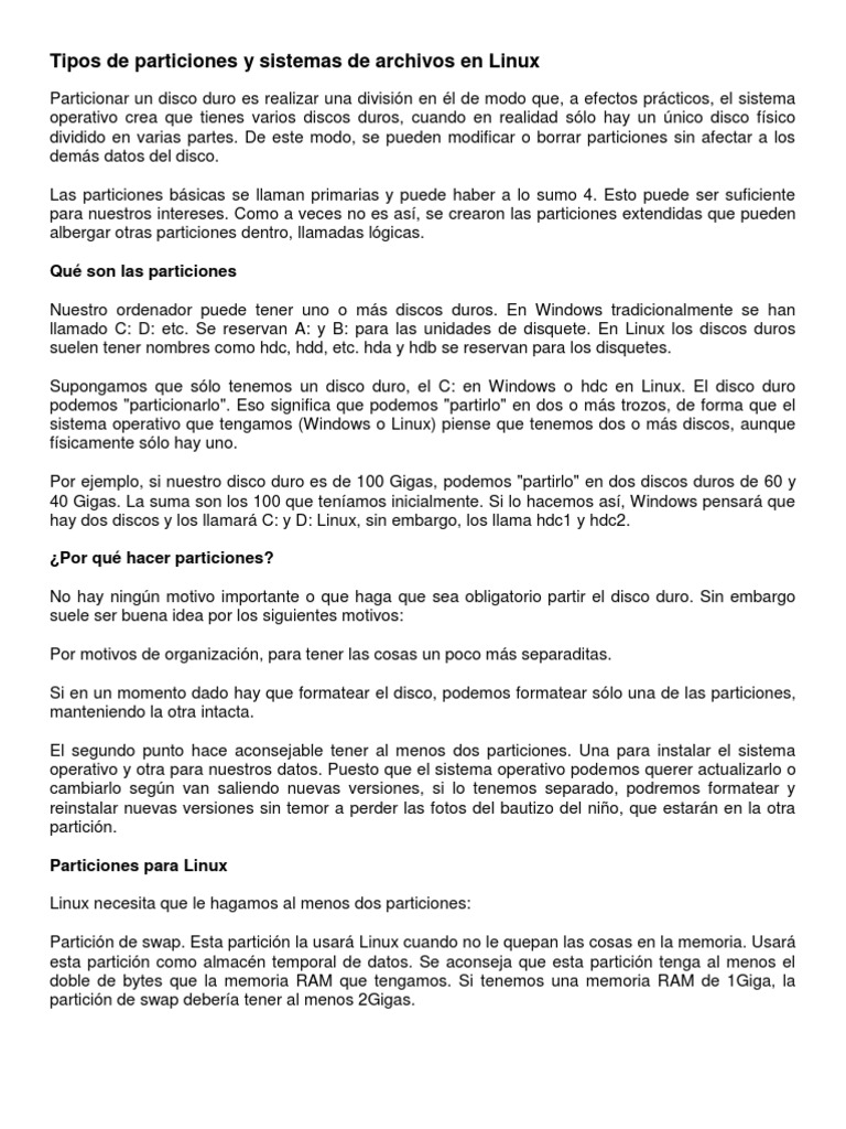 Tipos de Particiones y Sistemas de Archivos en Linux | PDF | Archivo de computadora | Disco duro