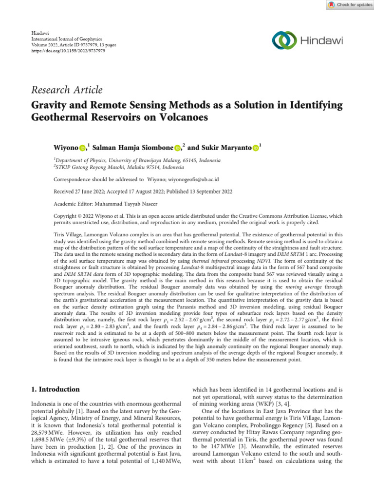 International Journal of Geophysics - 2022 - Wiyono - Gravity and Remote Sensing Methods As A ...