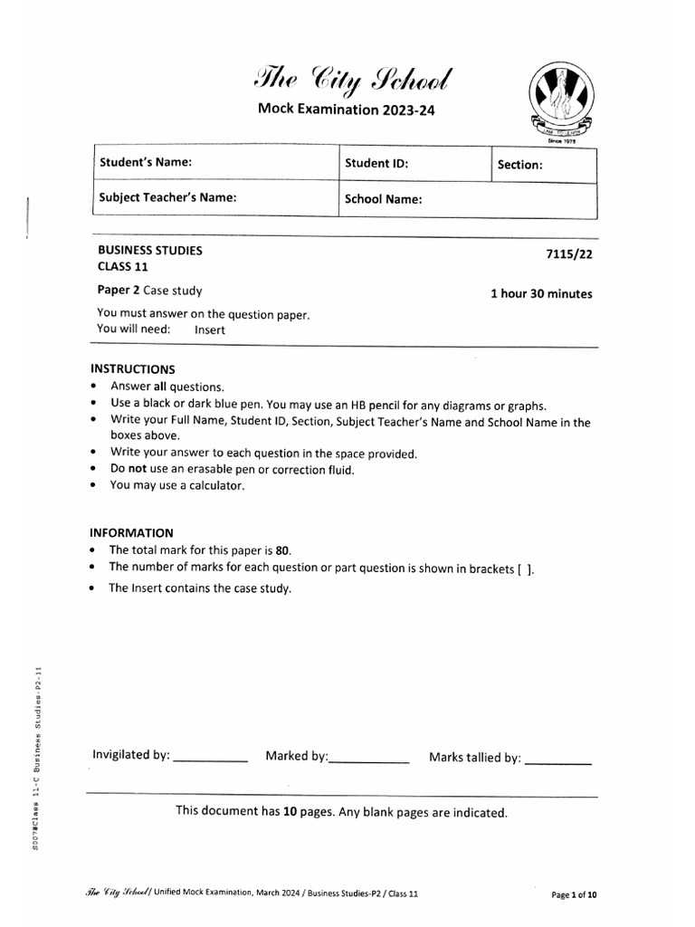 MOCK EXAM( Business Studies, p2, Class-11)2023-24 | PDF
