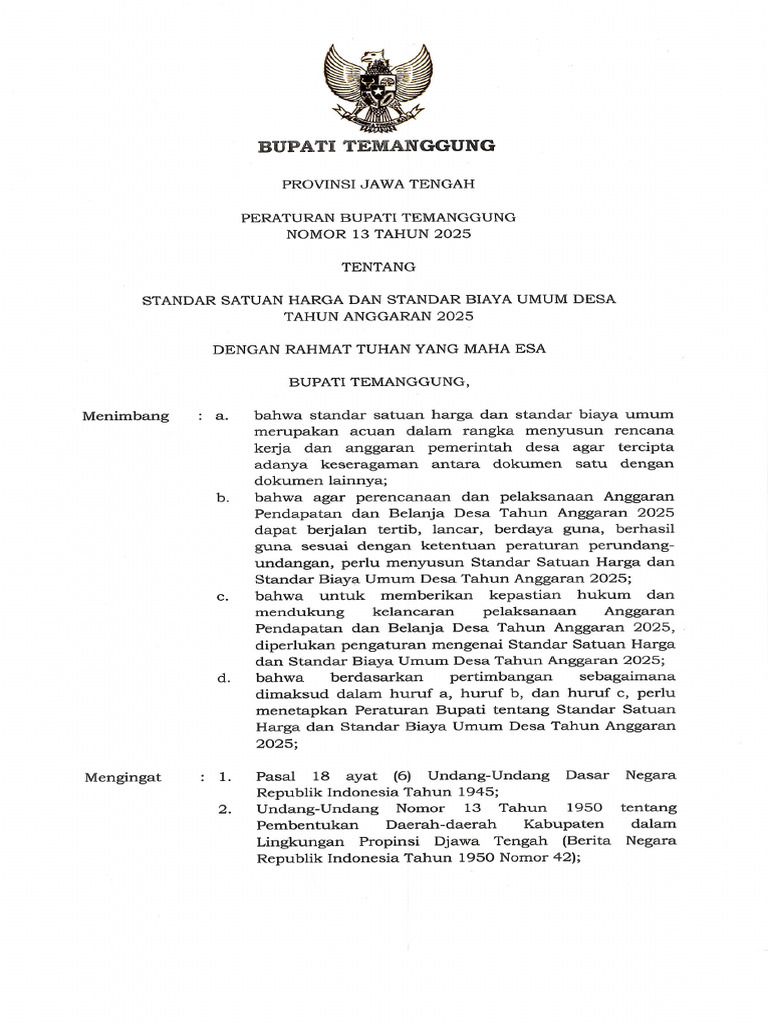 Perbup Nomor 13 Tahun 2025 TTG SSH Dan SBU Di Desa Tahun Anggaran 2025 | PDF
