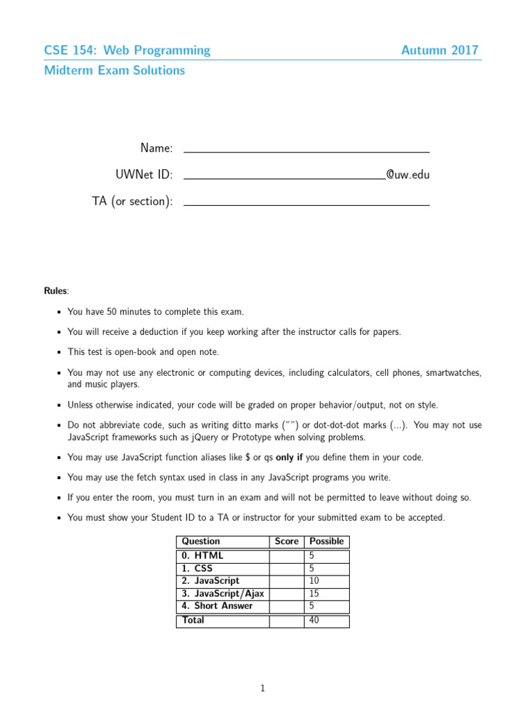 17au Midterm Solutions 2 | PDF | Html | Java Script