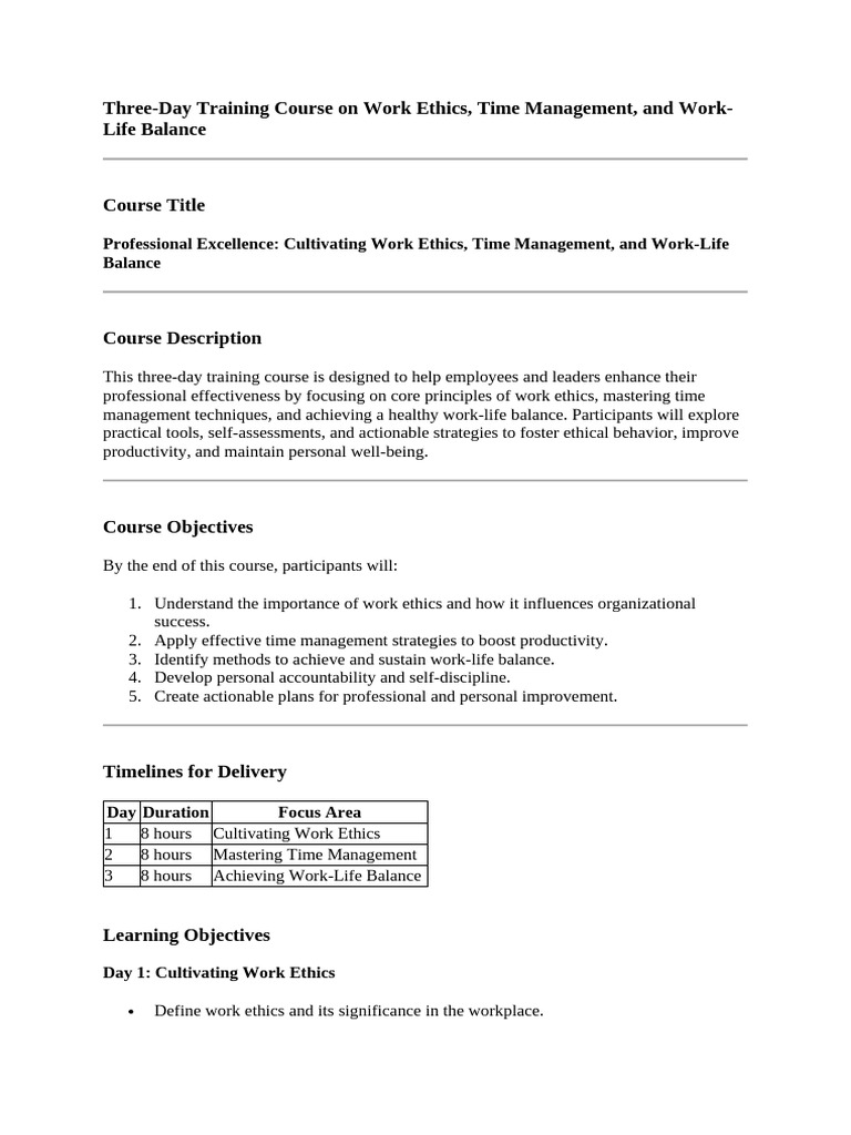 Three-Day Training Course on Work Ethics, Time Management, and Work ...