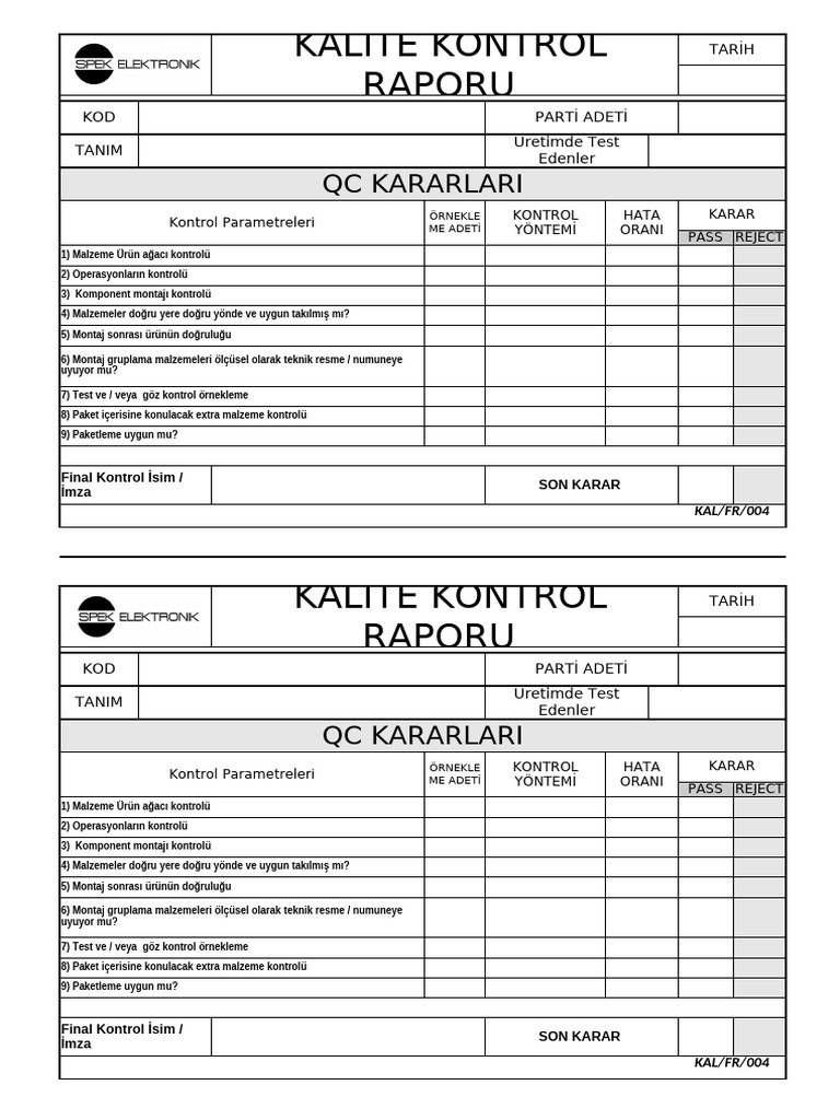 .004 Kalite Kontrol Formu 2 Li | PDF