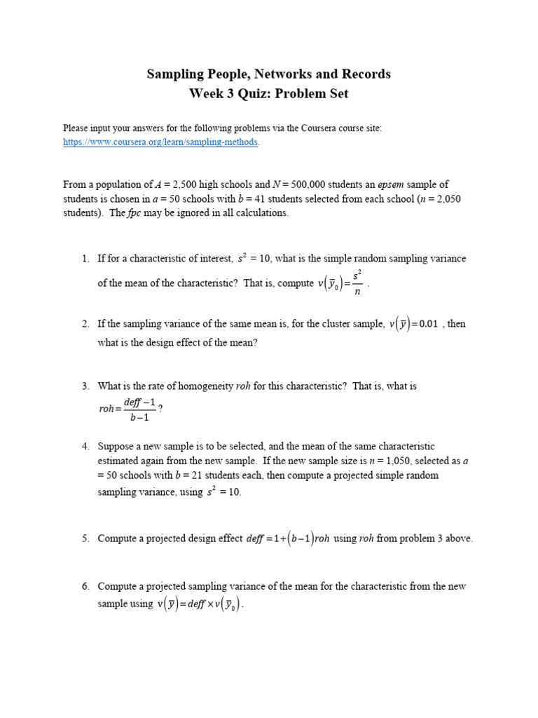 Sampling Methods Quiz: Week 3 Problems | PDF