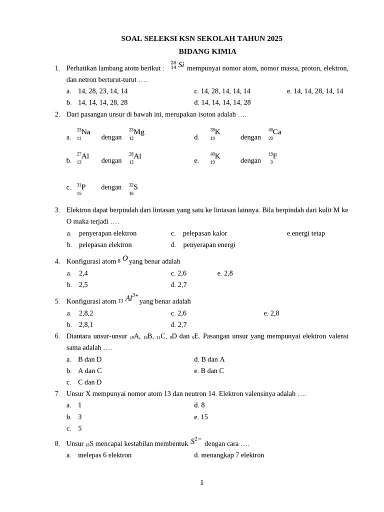 Soal Seleksi KSN Sekolah Kimia 2025 | PDF