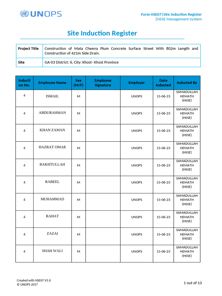 Site Induction Register for UNOPS Project | PDF