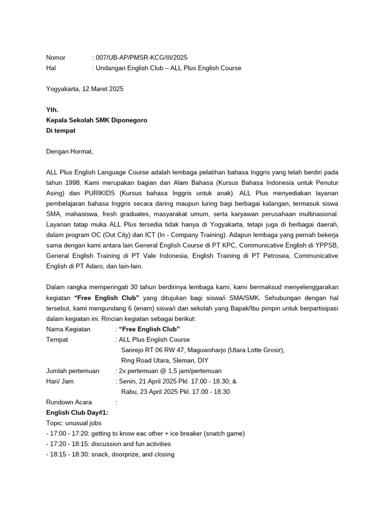 Surat English Club - AllPLus - April 2025 SMK Diponegoro | PDF