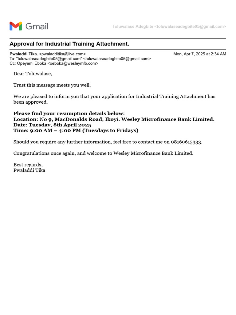Approval For Industrial Training Attachment. | PDF