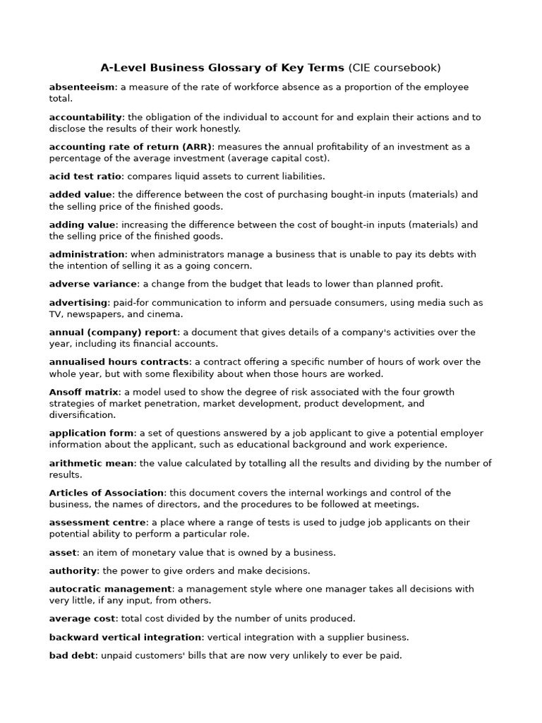 CIE Business Glossary of Key Terms | PDF | Dividend | Exchange Rate