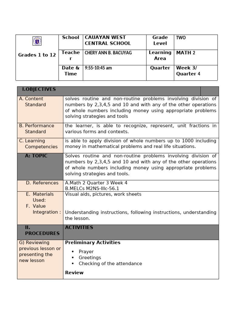 Math Week 4 Quarter 3 Bacuyag D3 Pdf Learning Cognitive Science