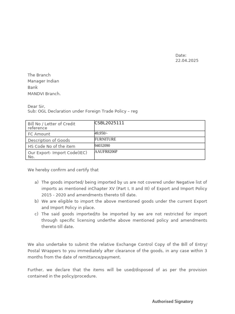 OGL Declaration for Furniture Import | PDF | Letter Of Credit | Government