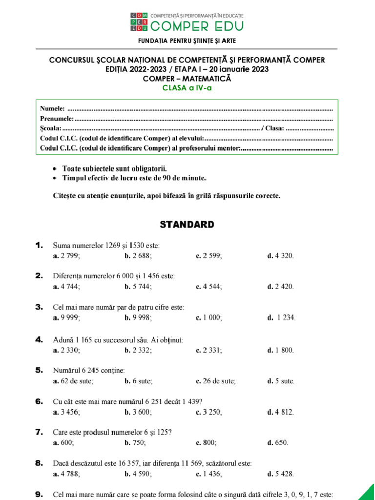 Subiect Comper MATEMATICA Etapa1 2022 2023 Clasa4 | PDF