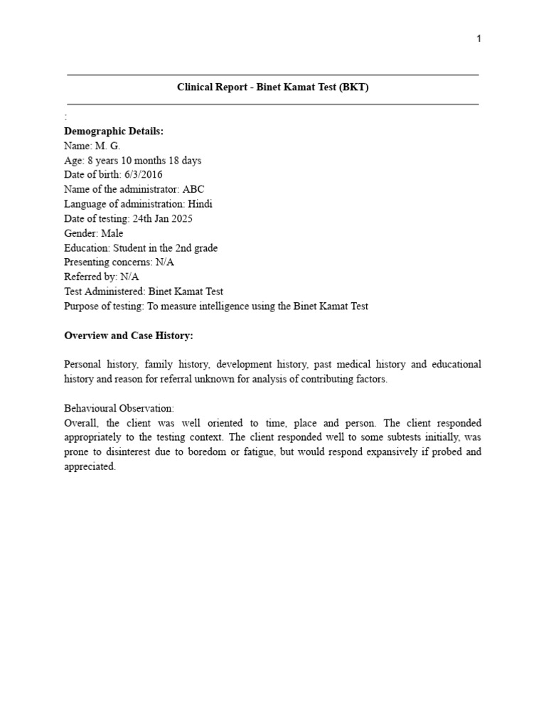 Binet Kamat Test Intelligence Report | PDF | Wechsler Adult ...