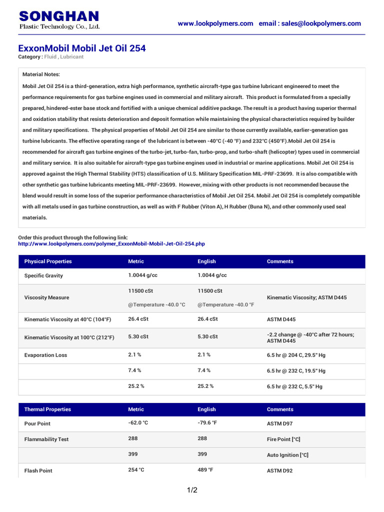 ExxonMobil Mobil Jet Oil 254 | PDF | Lubricant | Viscosity