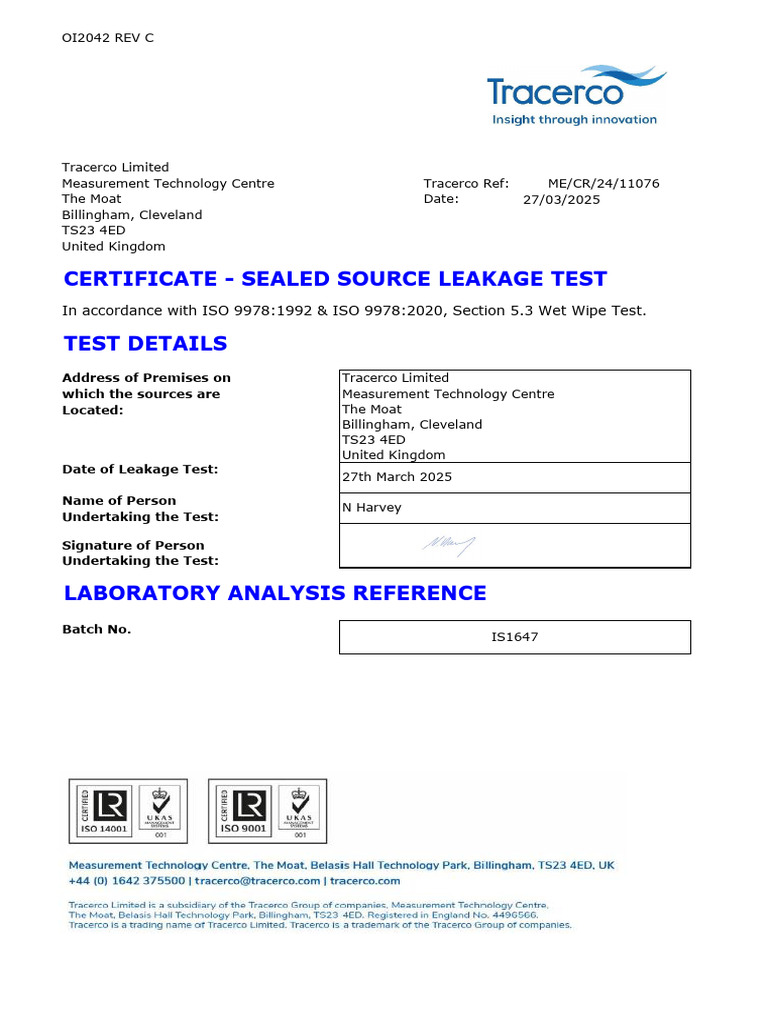 Leak Test Certificate - 3fF4ryK | PDF