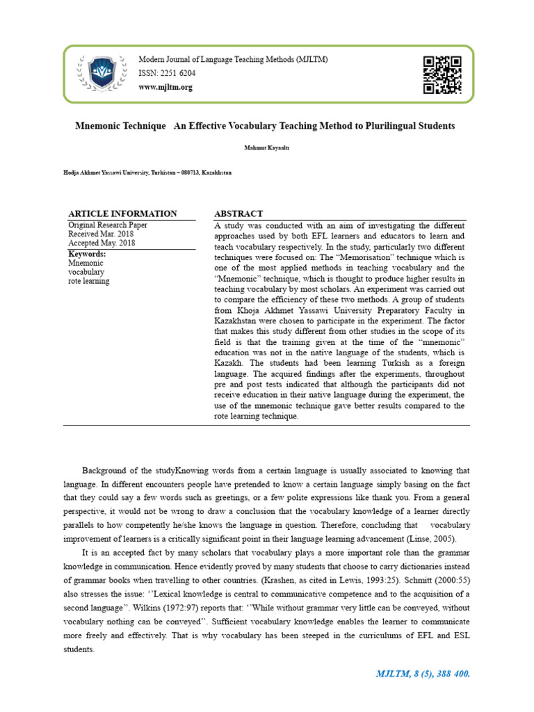 Mnemonic Technique An Effective Vocabulary Teaching Method 2cfaovjrvk ...