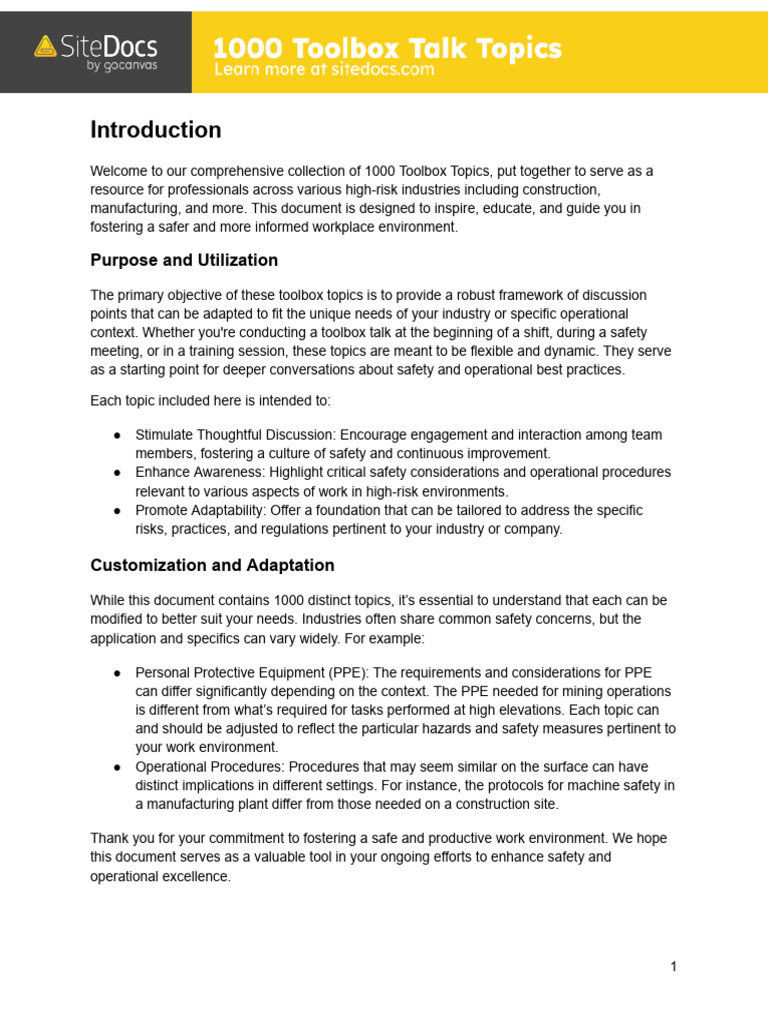 1000 Toolbox Topics for Workplace Safety | PDF | Noise | Personal ...
