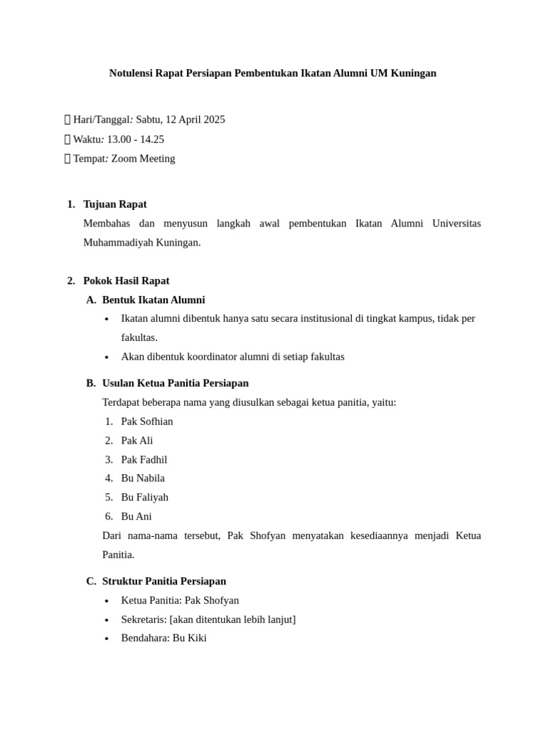 Notulensi Rapat 1 Persiapan Pembentukan IKA Alumni | PDF