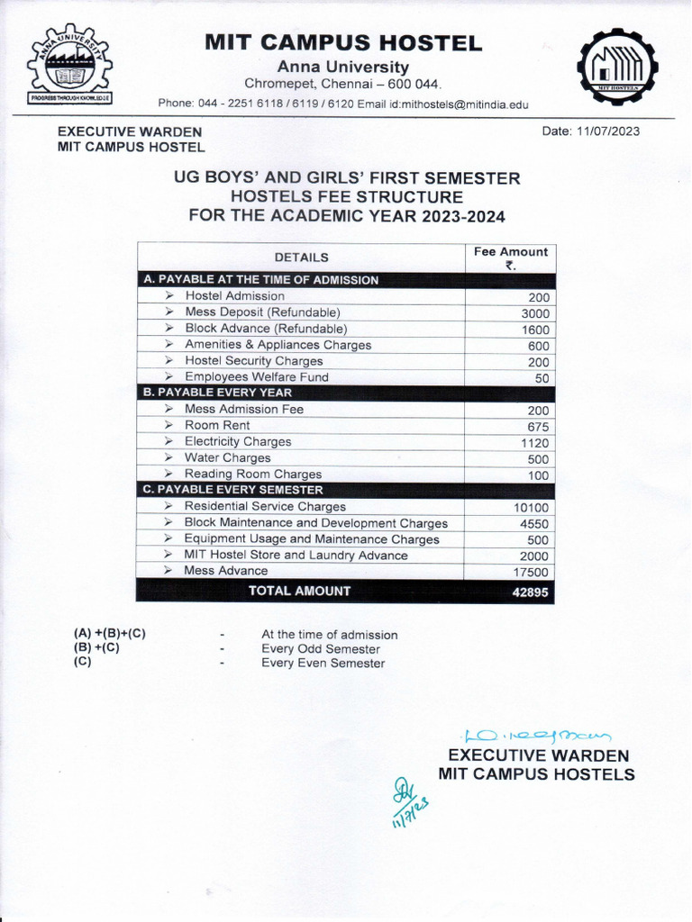 UG FirstYear FirstSemester Hostel FeeDetails 23-24 | PDF