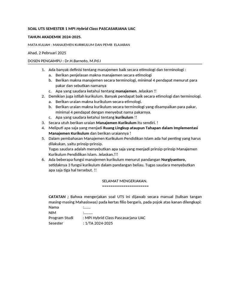 SOAL UTS SMT 1-24 MPI C PPs UAC - Salin | PDF