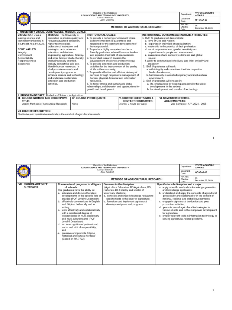 AGRI 8 Syllabus 1st Semester 2024 2025 | PDF | Qualitative Research ...