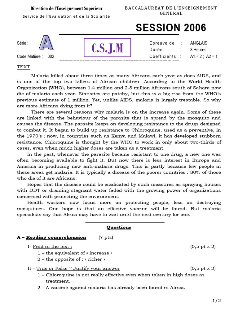 Bac Mada SerieA Anglais 2006 | PDF | Malaria | Ddt