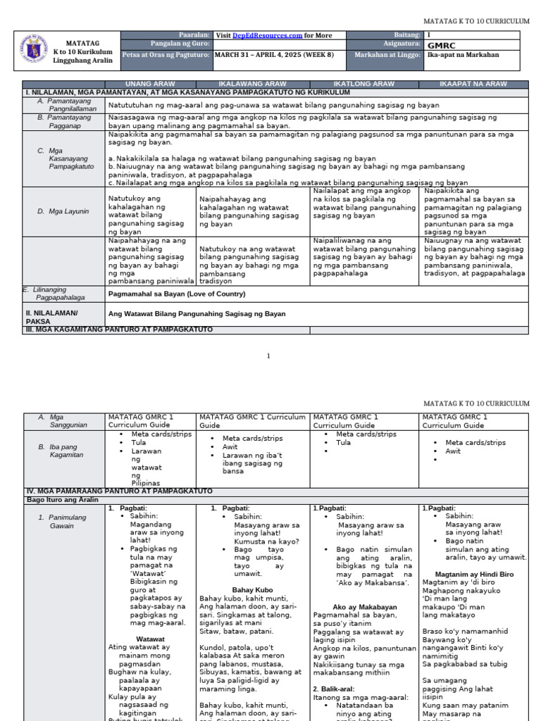 DLL MATATAG_GMRC 1_Q4_W8 | PDF