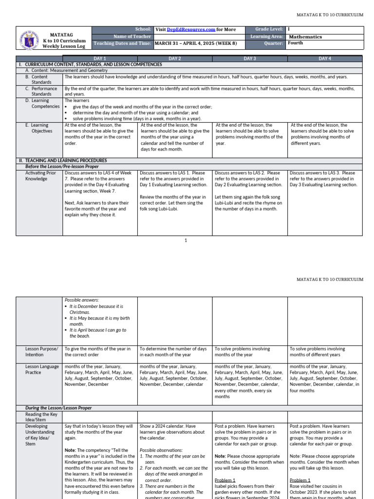 DLL Matatag - Mathematics 1 - Q4 - W8 | PDF | Learning | Curriculum
