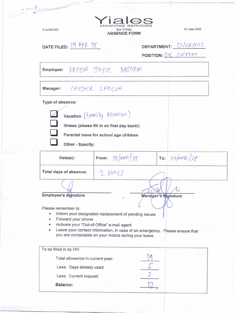 Leave Form-Krizia Besorio | PDF