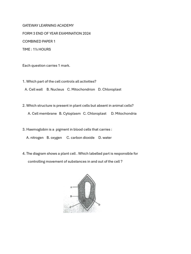 Form 3 Combined Science p1 | PDF | Plants | Cellular Respiration