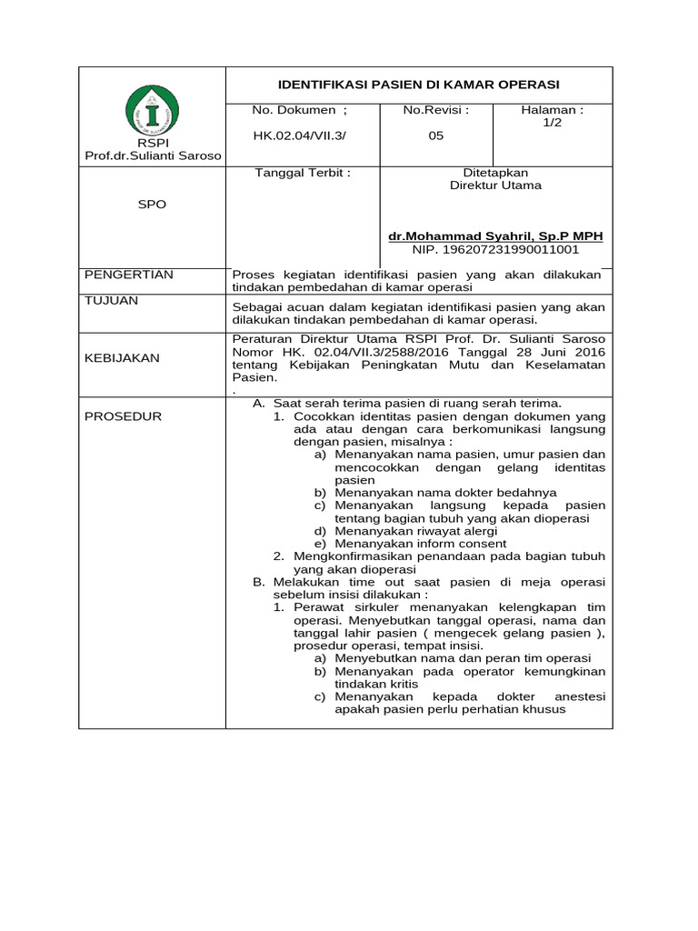 Spo Identifikasi Pasien Di Kamar Operasi | PDF